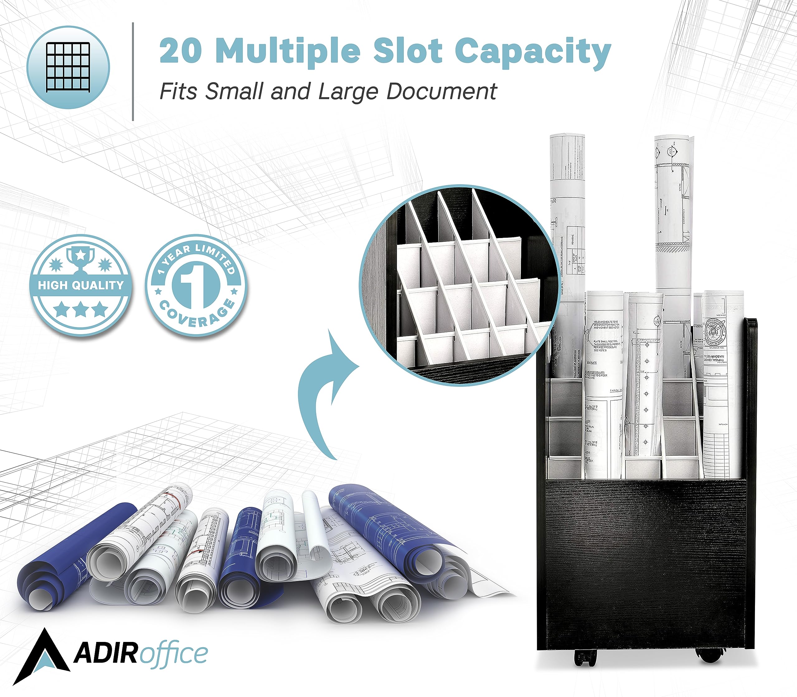 Adir Mobile Blueprint Roll File Holder - Architectural Plan Storage Organizer for Home Office or School Use 20 Slots (Black)