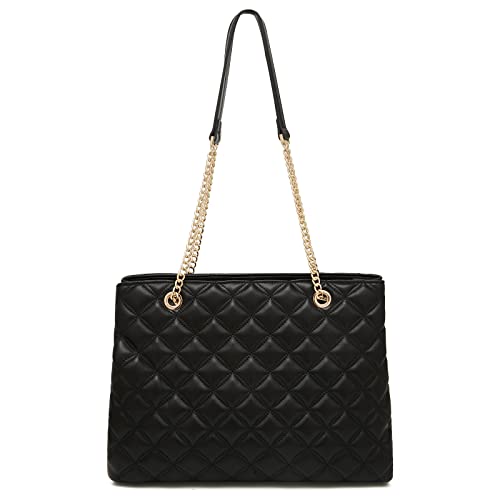 FOXLOVER Tote Handbags for Women, PU Leather Ladies Quilted Tote Bag Purses and Handbags with Chain Strap Women's Large Handbag (Black)