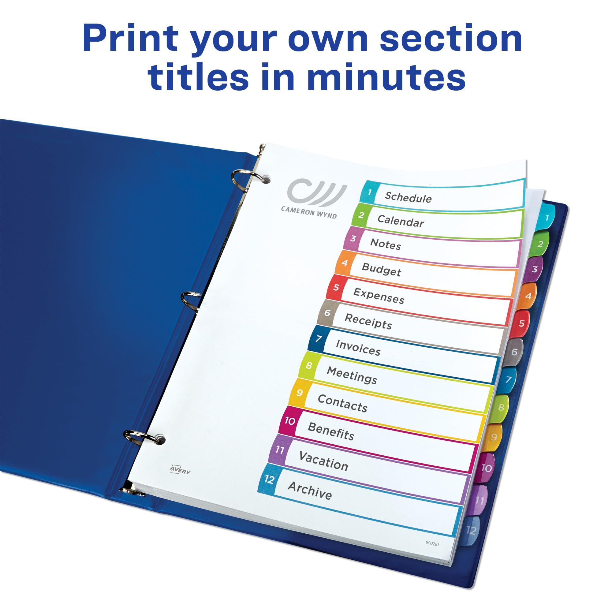 Avery 12 Tab Dividers for 3 Ring Binders, Customizable Table of Contents, Multicolor Tabs, 1 Set (11843)