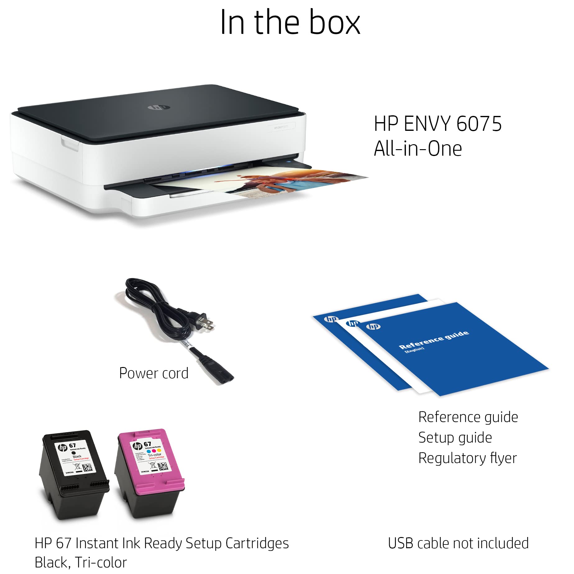HP Envy 6075 Wireless All-in-One Color Inkjet Printer, White/Black - Print Scan Copy - 10 ppm, 4800 x 1200 dpi, Auto 2-Sided Printing, Borderless Printing, Bluetooth, USB