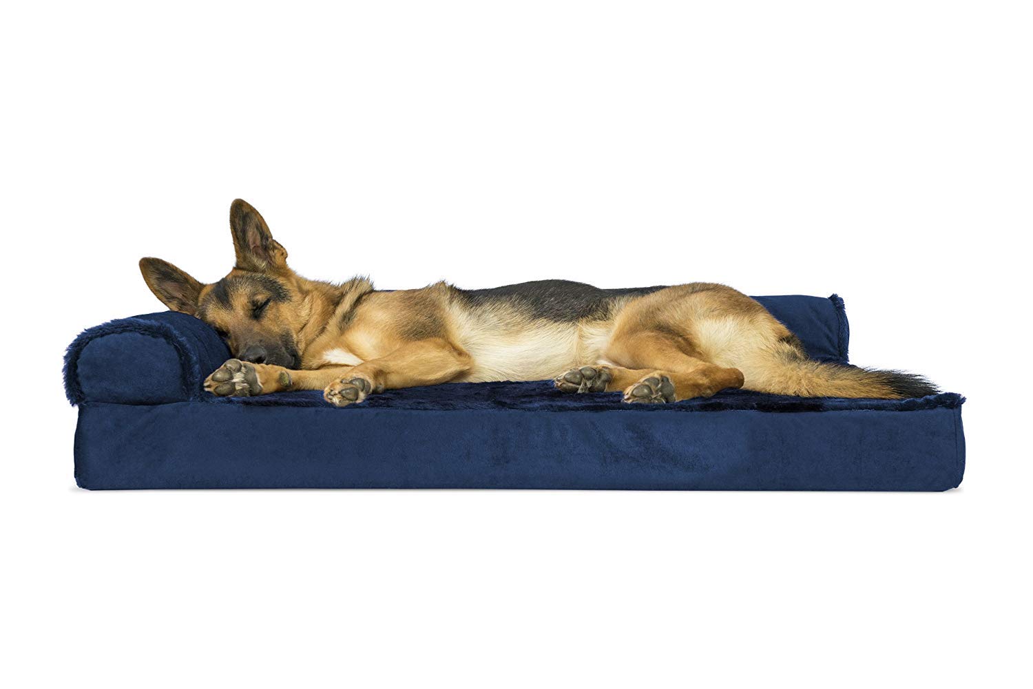Furhaven Orthopedic Dog Bed for Large Dogs w/ Removable Bolsters & Washable Cover, For Dogs Up to 95 lbs - Plush & Velvet L Shaped Chaise - Deep Sapphire, Jumbo/XL