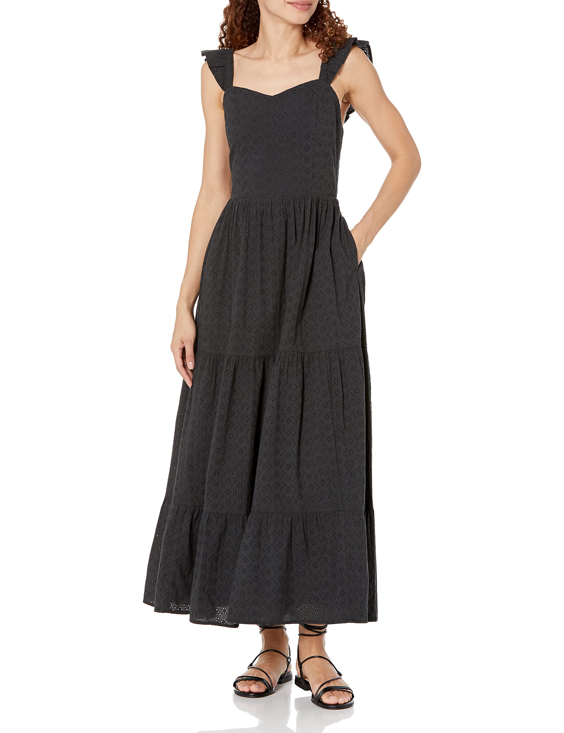 The Drop Women's Tulsi Ruffle Sleeve Eyelet Maxi, Black, M