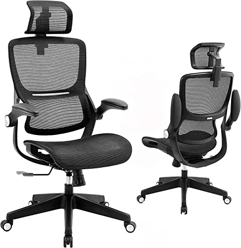 Office Chair Ergonomic Desk Chair - Curved Linear Mesh Seat Lumbar Support HighBack Computer Chair with Headrest Flip-up Armrests, Adjustable Height & Tilt Home Chairs, Swivel Executive Task Chair