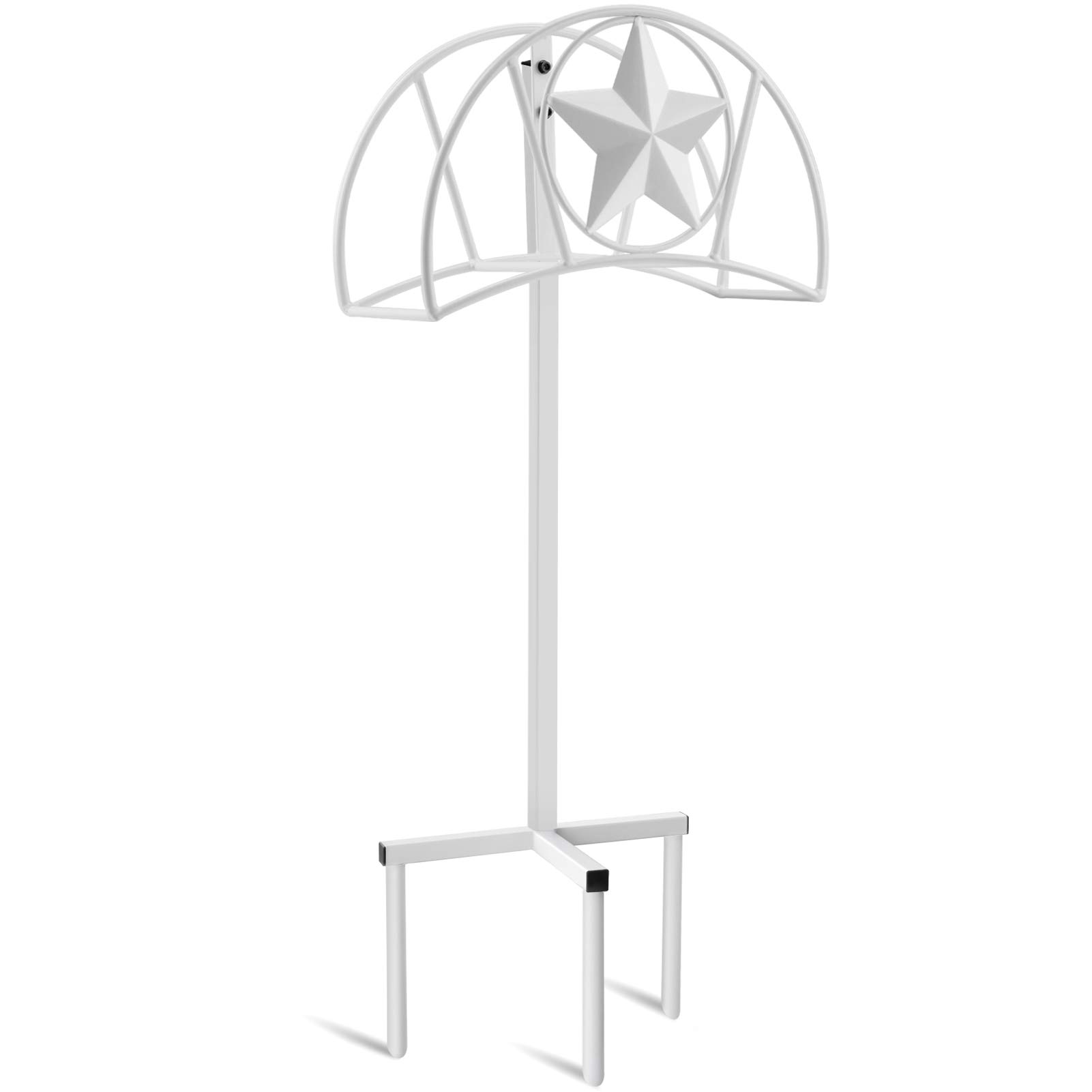 AMAGABELI GARDEN & HOME Garden Hose Holder Hanger Stand Freestanding for Outside Holds 125ft Water Hose Detachable Rustproof Organizer Storage Metal Heavy Duty Ground Stakes White BG397
