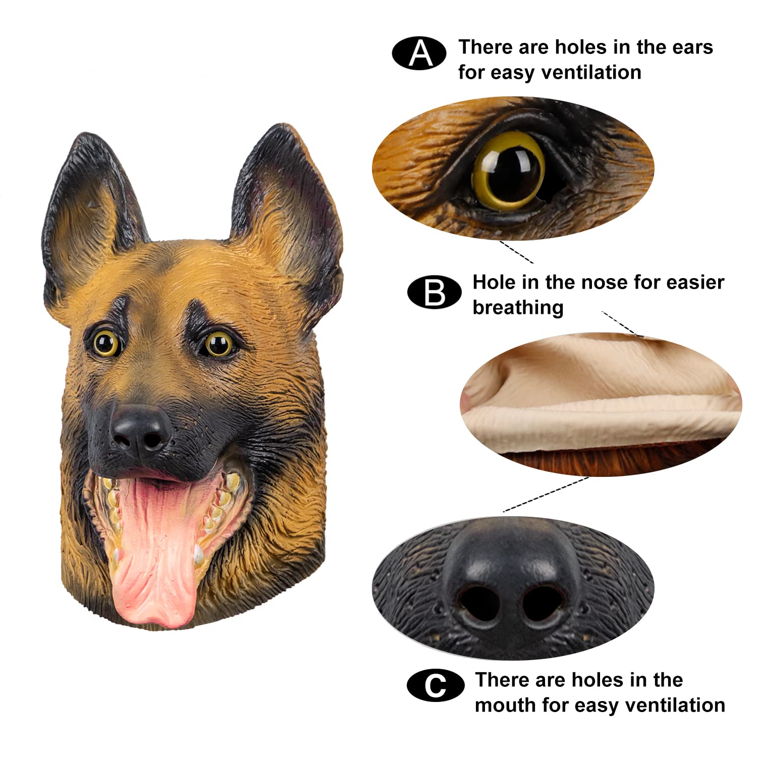 Dog Head Mask for Adult, Animal Costume Mask Halloween Latex Mask