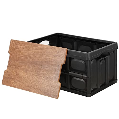 Collapsible Storage Box 55L Folding Storage Bin with MDF Lid Storage Container Shelf Basket Cloth Closet Car Organizer Outdoor Picnic Transport Box Toy Clothes Book Holder Plastic Tote Crate- Black
