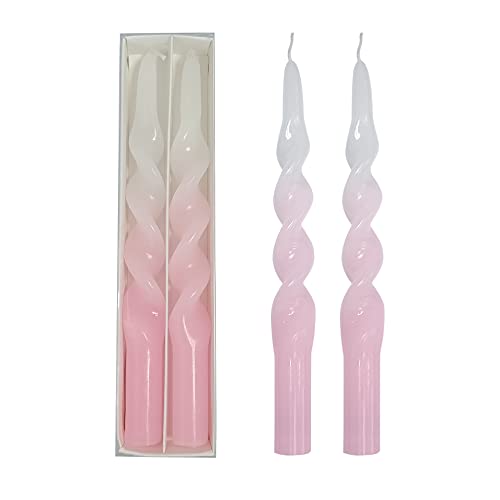 Two-Color Gradient Spiral Taper Candles Set of 2 Handmade Twisted Long Candle 10inch Colored Unscented Candles Home Decor for Dinner Party and Wedding Atmosphere (White&Pink)