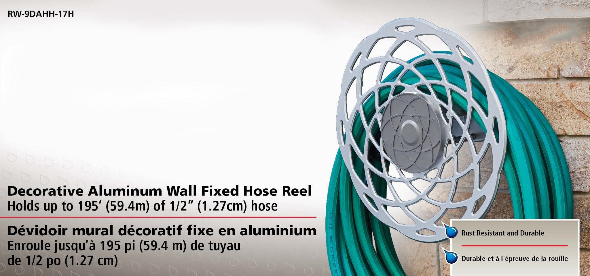 RAINWAVE Aluminum Non-Rust Wall Fixed Hose Reel, Gray (RW-DAHH-17H)