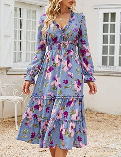 KOJOOIN Womens Long Sleeve Deep V Neck Ruffle Floral Print Maxi Dress High Elastic Waist Flowy Beach Dress Blue M
