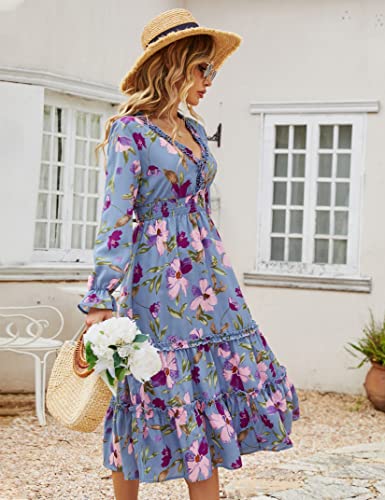 KOJOOIN Womens Long Sleeve Deep V Neck Ruffle Floral Print Maxi Dress High Elastic Waist Flowy Beach Dress Blue M