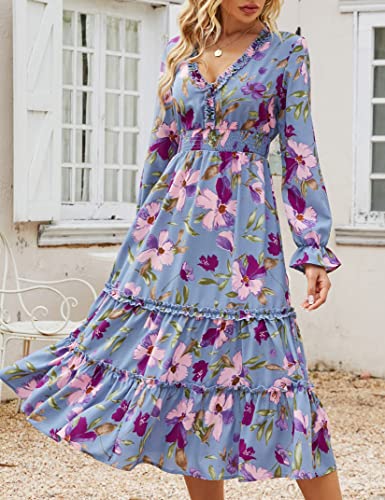 KOJOOIN Womens Long Sleeve Deep V Neck Ruffle Floral Print Maxi Dress High Elastic Waist Flowy Beach Dress Blue M