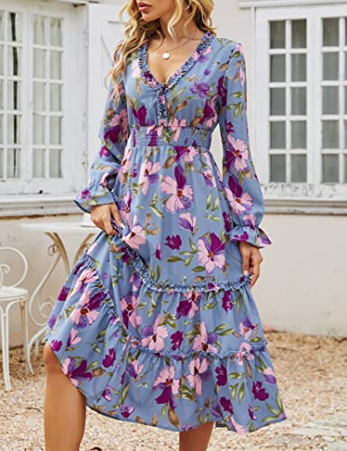 KOJOOIN Womens Long Sleeve Deep V Neck Ruffle Floral Print Maxi Dress High Elastic Waist Flowy Beach Dress Blue M