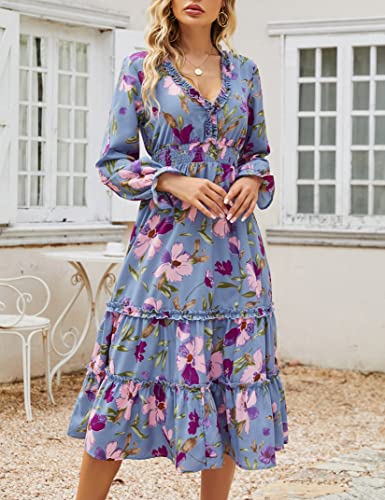 KOJOOIN Womens Long Sleeve Deep V Neck Ruffle Floral Print Maxi Dress High Elastic Waist Flowy Beach Dress Blue M