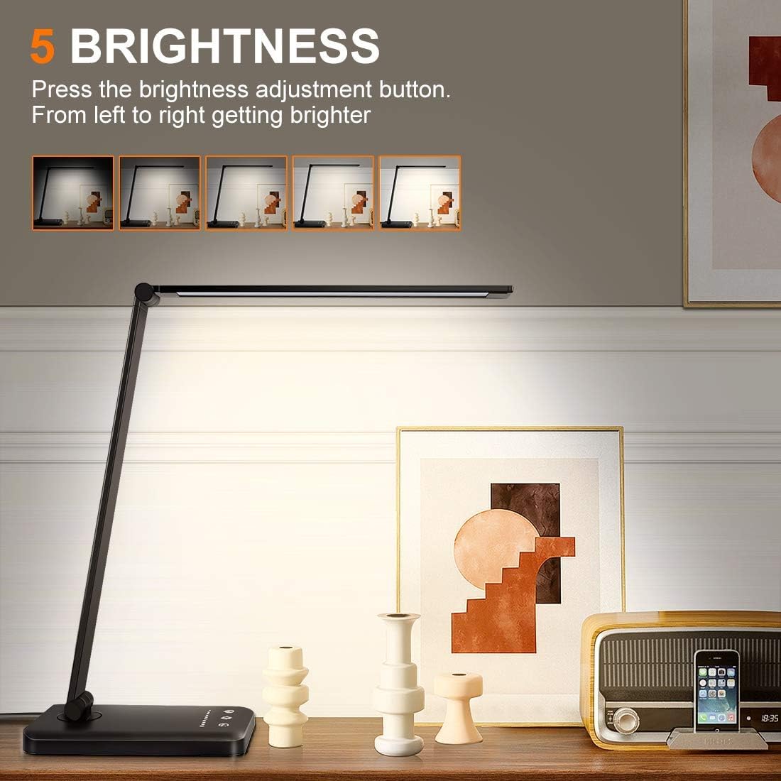 LED Desk Lamp Table Lamp Dimmable Reading Lamp with USB Charging Port 5 Lighting Modes 5 Brightness Levels, Sensitive Control, 30/60 min Auto Timer, Eye-Caring Office Lamp (Black 1.0)