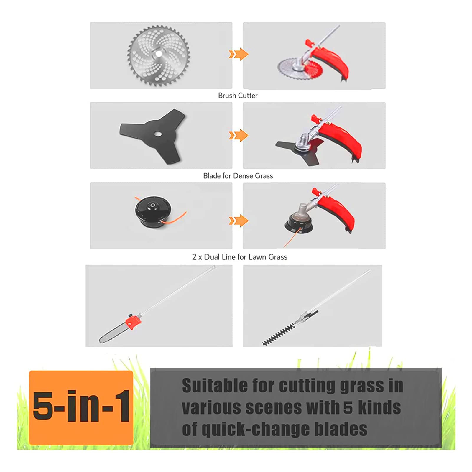 Meideli Grass Trimmer 52cc - 5 in 1 Gas Powered Brush Cutter Gas String Trimmer Hedge Trimmer Pole Saw Trimmer for Quick Weed Grass Cleaning Crop Seed Soil Protection Tools