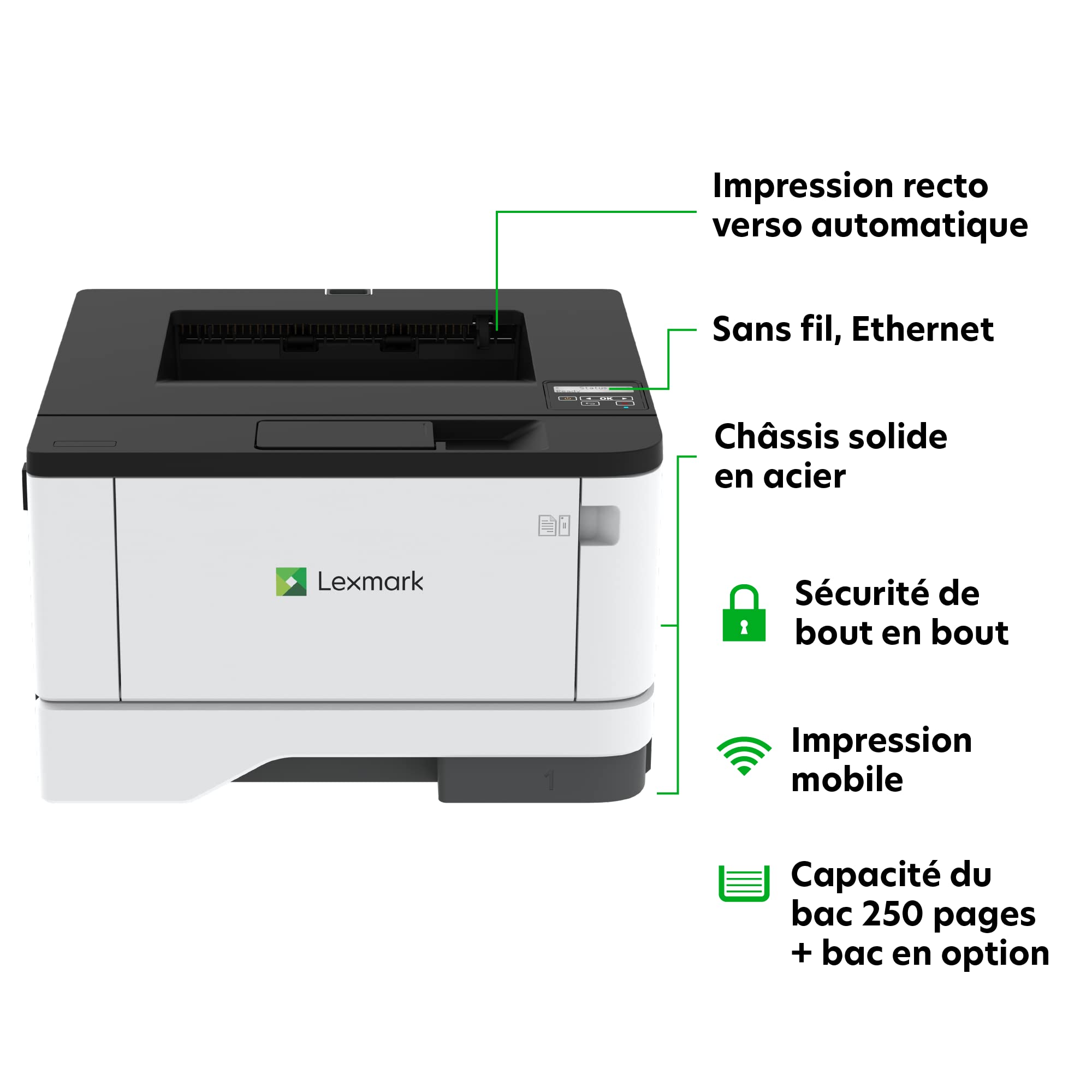 Lexmark B3340dw Monochrome Laser Printer with Full-Spectrum Security and Print Speed up to 40 ppm(29S0250), Gray/White, Small