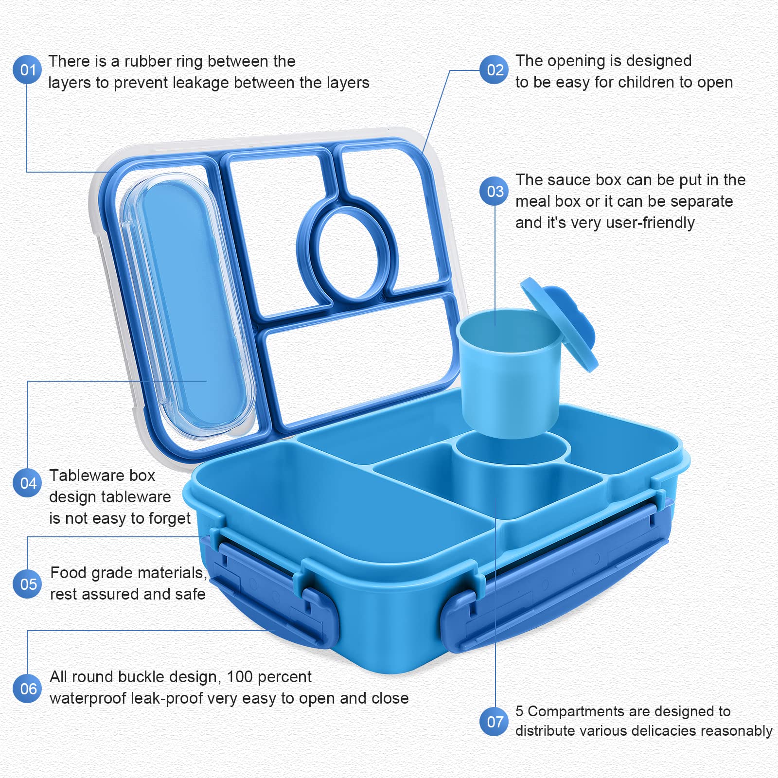 Amathley Bento box adult lunch box,lunch box kids,lunch containers for Adults/Kids/Toddler,5 Compartments bento Lunch box for kids(Blue)