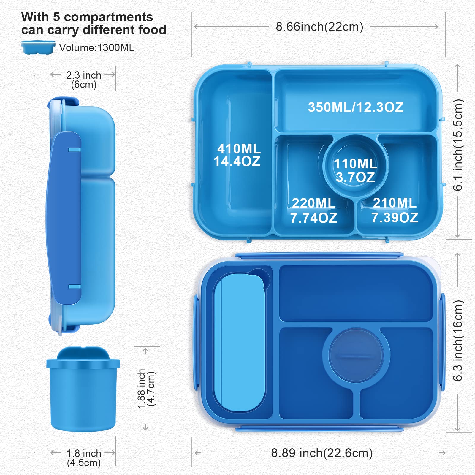 Amathley Bento box adult lunch box,lunch box kids,lunch containers for Adults/Kids/Toddler,5 Compartments bento Lunch box for kids(Blue)
