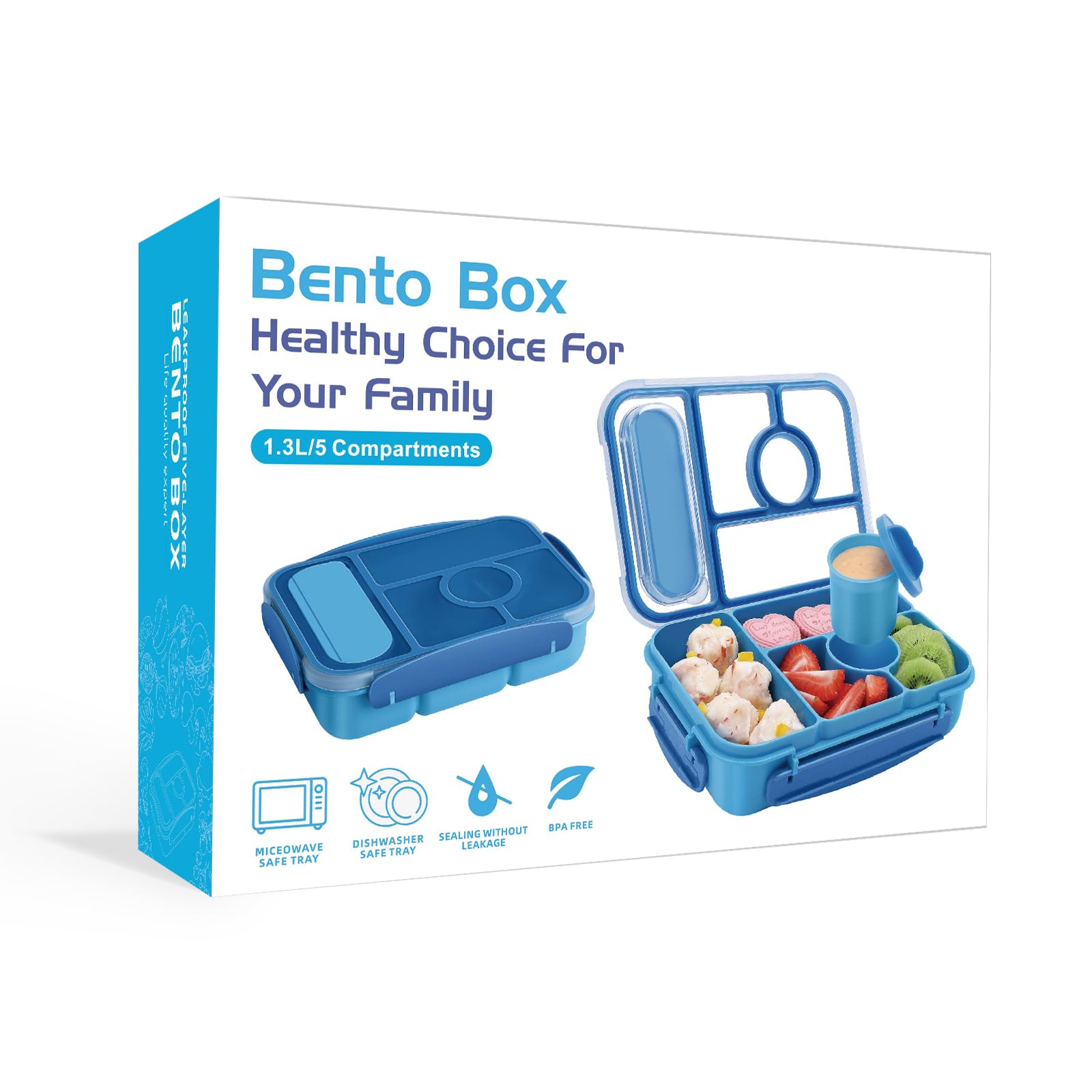 Amathley Bento box adult lunch box,lunch box kids,lunch containers for Adults/Kids/Toddler,5 Compartments bento Lunch box for kids(Blue)
