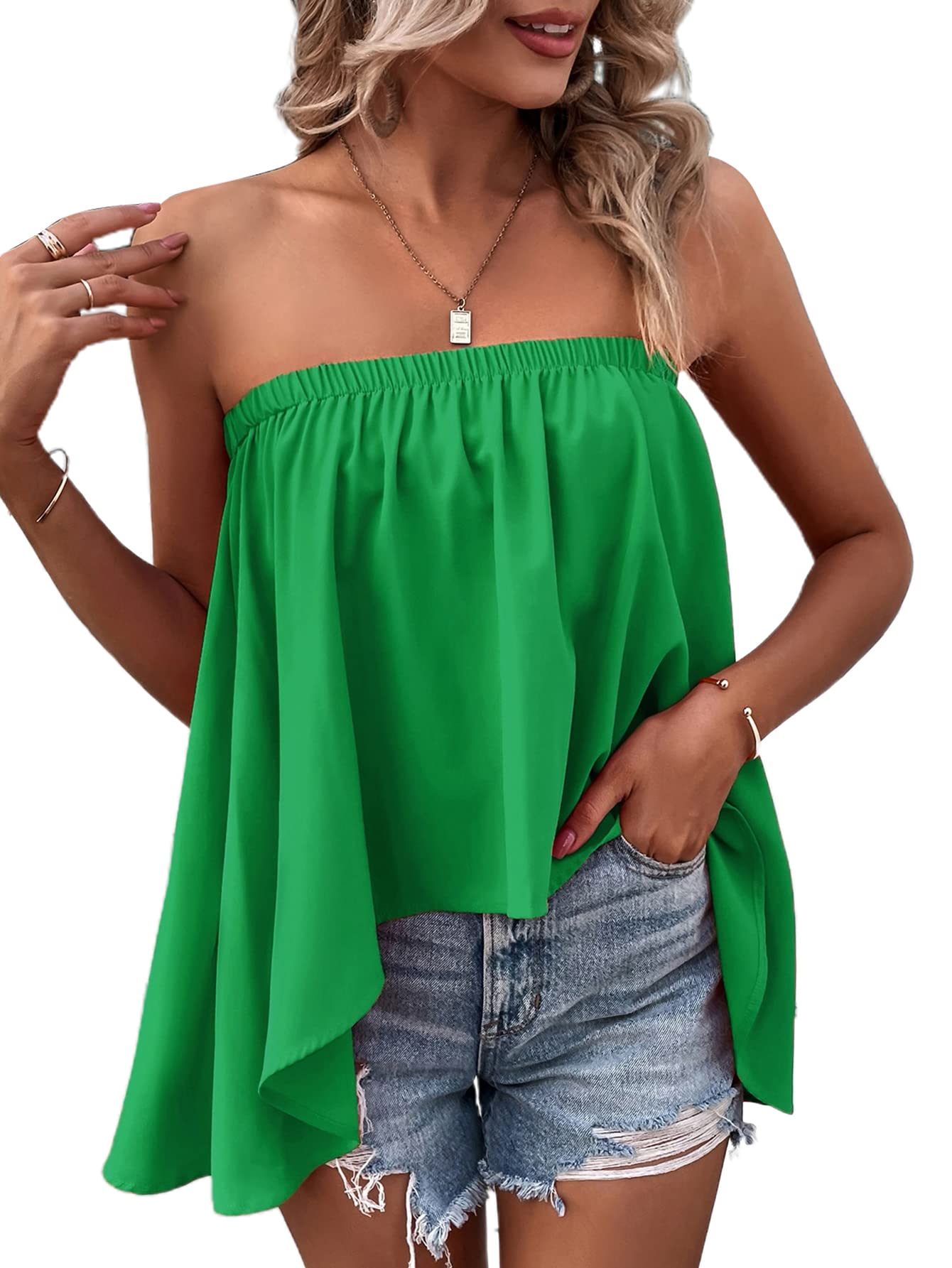 SOFIA'S CHOICE Women's Ruffle Hem Strapless Tube Top Casual Sleeveless High Low Flowy Blouse Shirts Green Medium