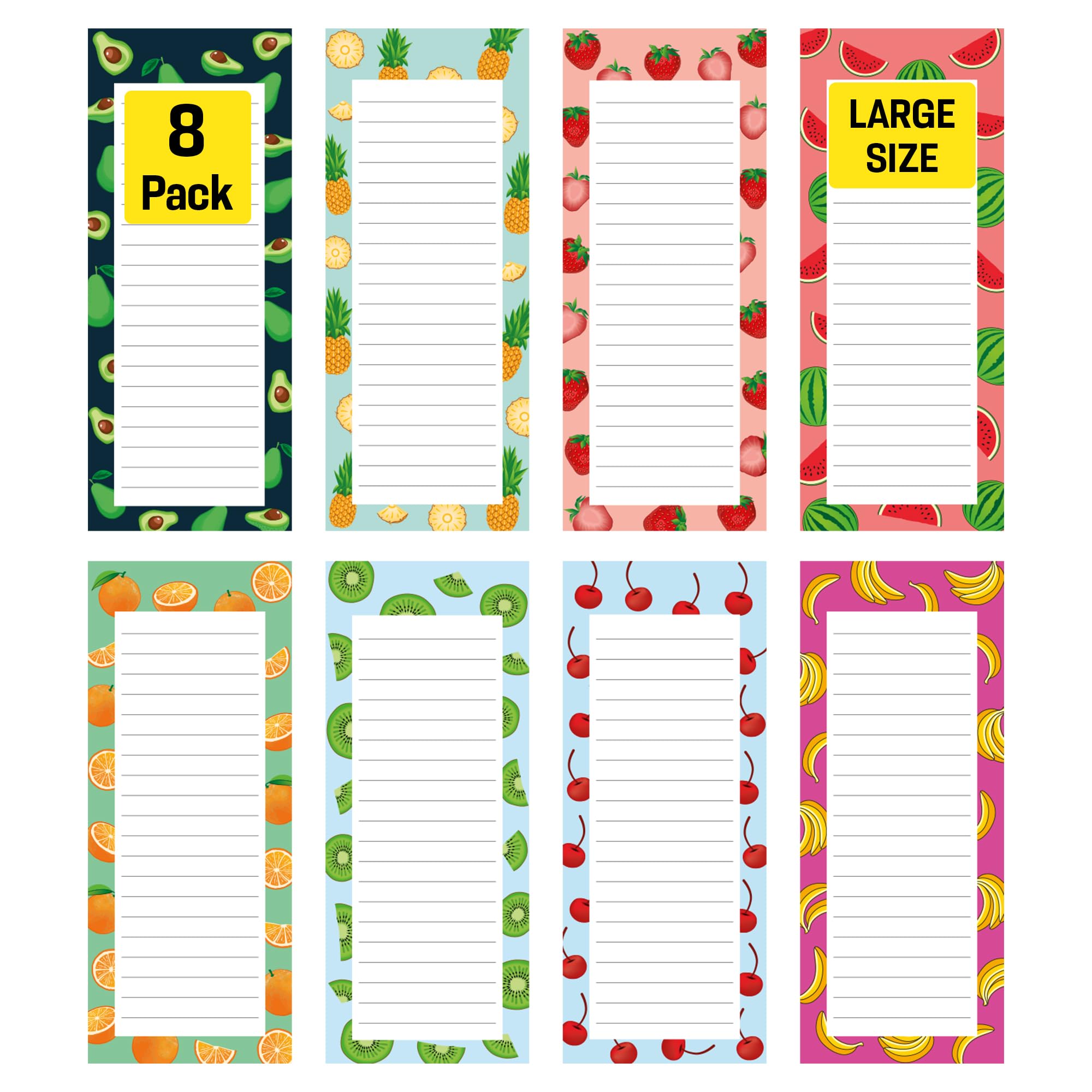 8 Magnetic Notepads - Large Notepads for Grocery List, Shopping List, To-Do List, Reminders, Recipes -Magnetic Back- Memo Notepad with Realistic Fruit Designs | 60 Sheets per Pad 9 x 3.5 inch (8 Pack)