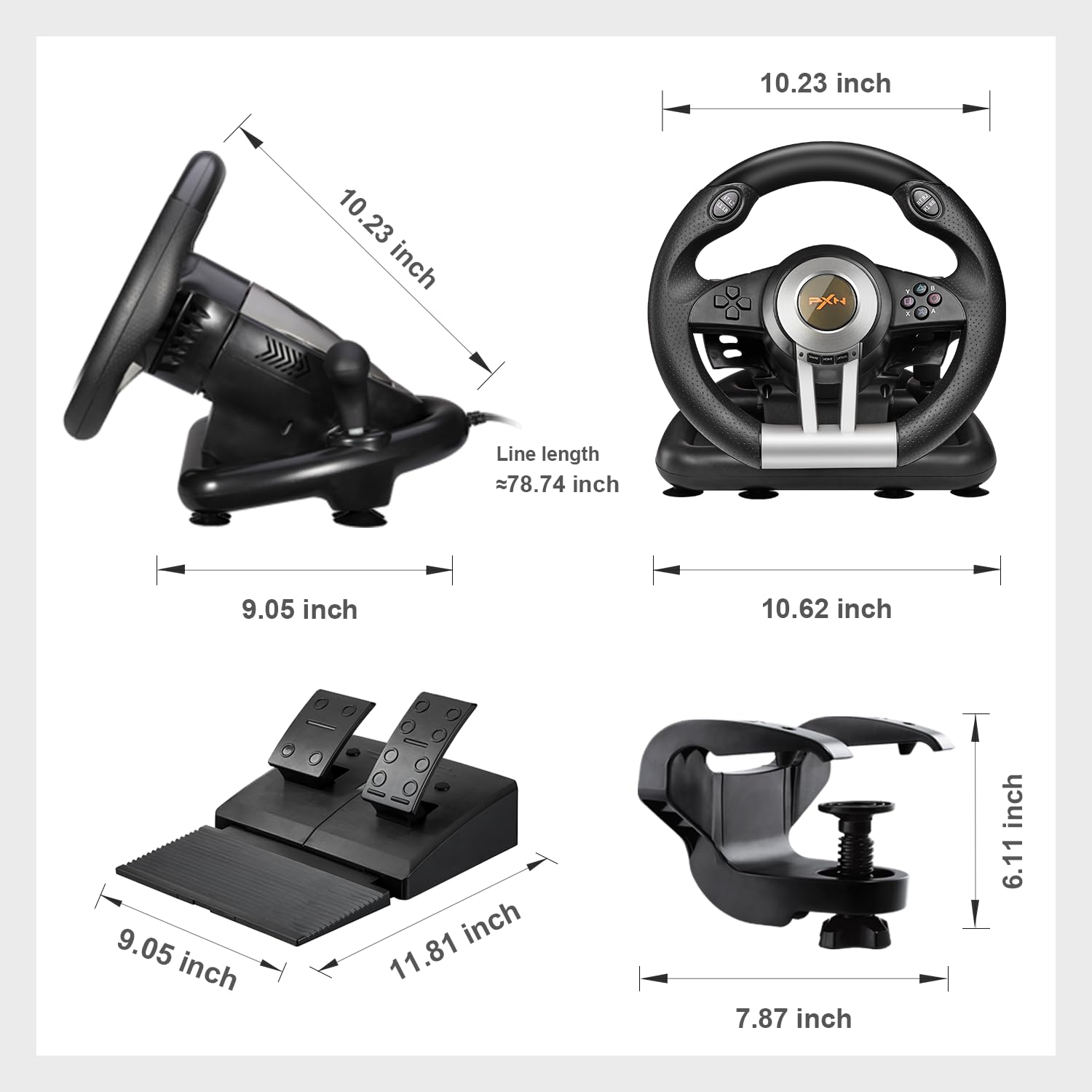 PC Steering Wheel PXN-V3IIIB Gaming Racing Wheel with Line Pedals Vibration Feedback Racing Wheel for Xbox one, Xbox series s/x, PS4, PS3, Switch, PC Used - Good