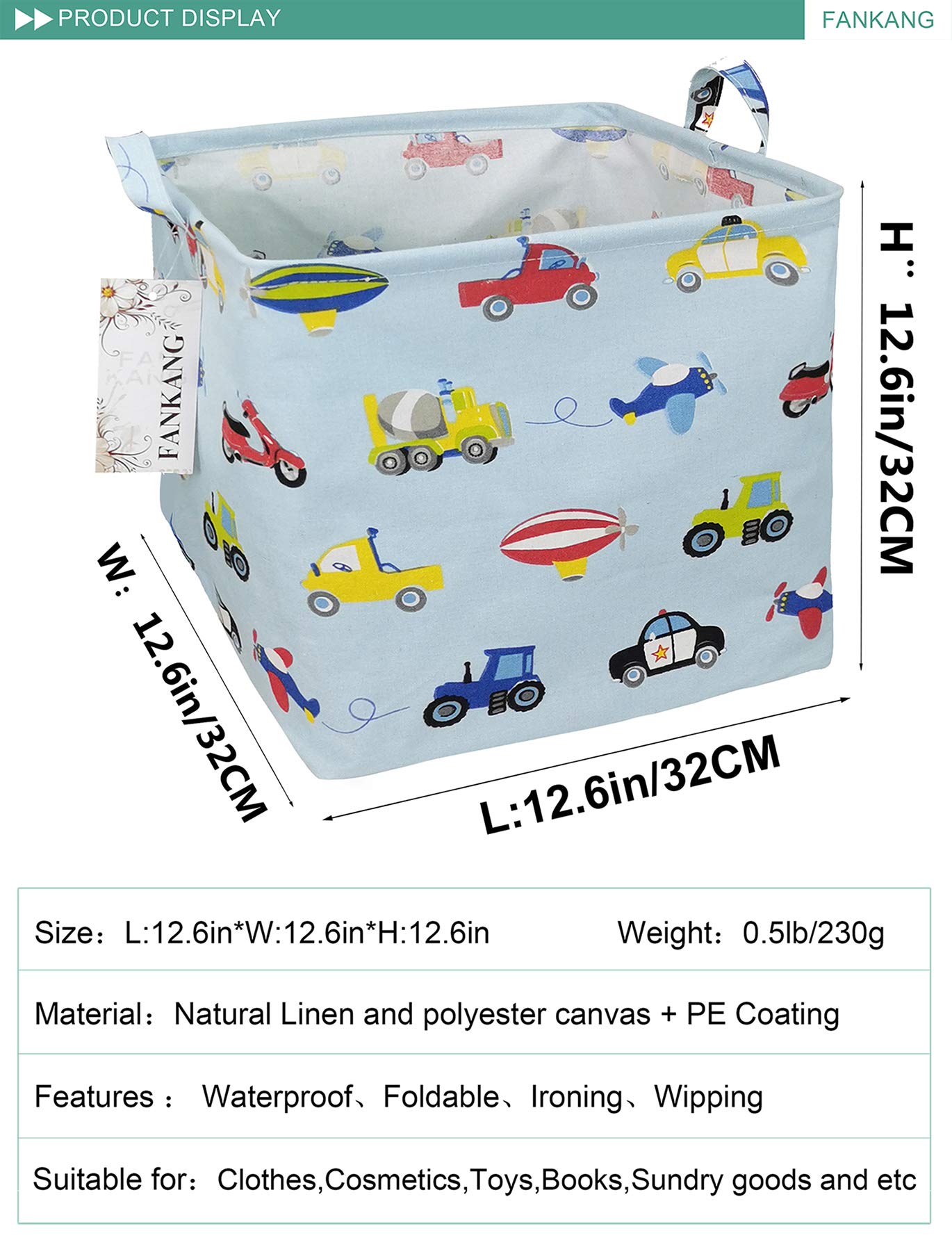 FANKANG Square Nursery Hamper Storage Bins Canvas Laundry Basket Foldable with Waterproof PE Coating Storage Baskets Gift Baskets for Children, Office, Bedroom, Clothes(Square-Car )