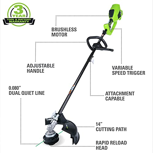 Greenworks 40V 14" Brushless Cordless (Attachment Capable) String Trimmer, 2.0Ah Battery and Charger Included