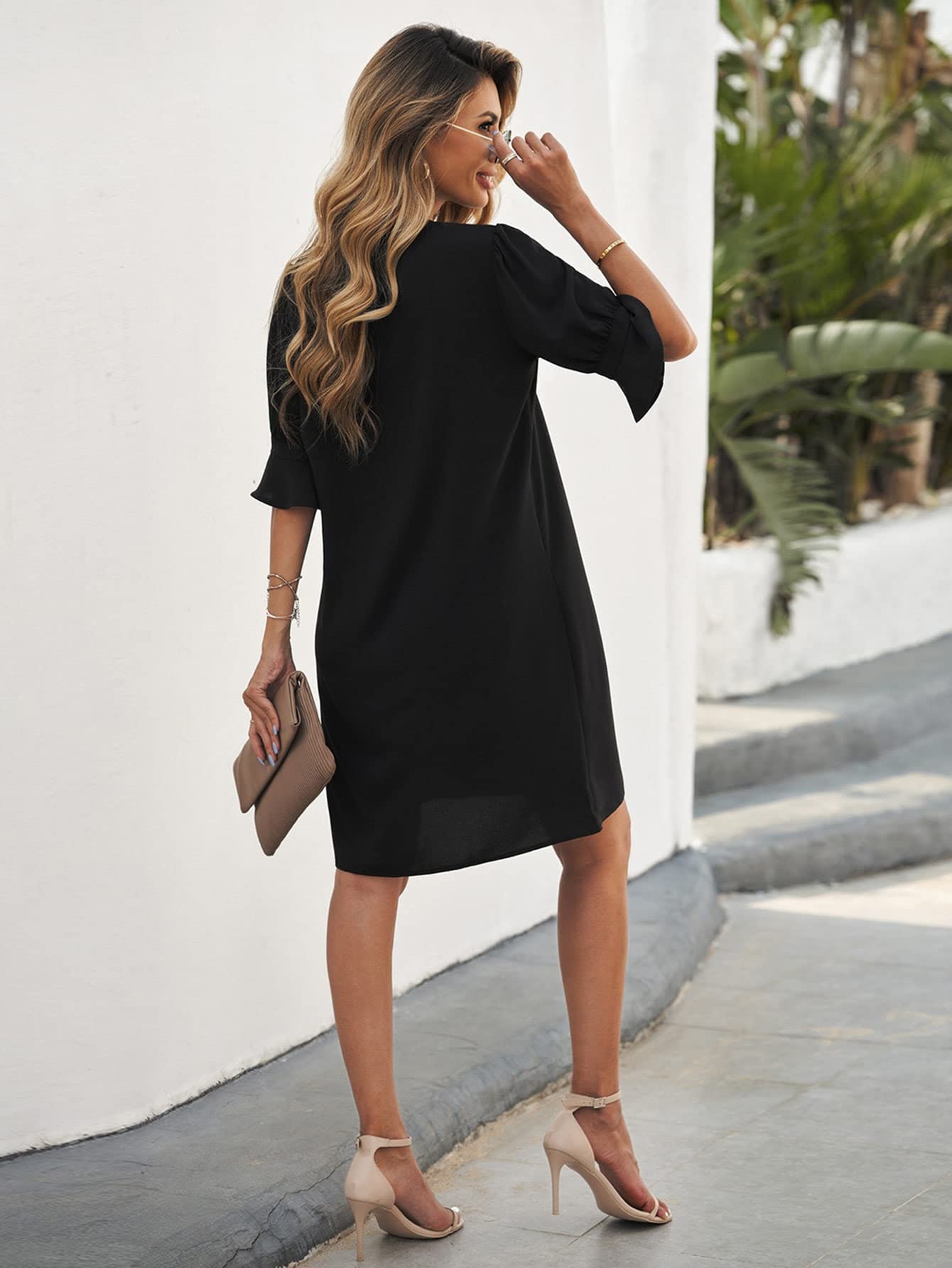 SOLY HUX Women's Notched V Neck Flounce Half Sleeve Casual Short Tunic Dress Black XL