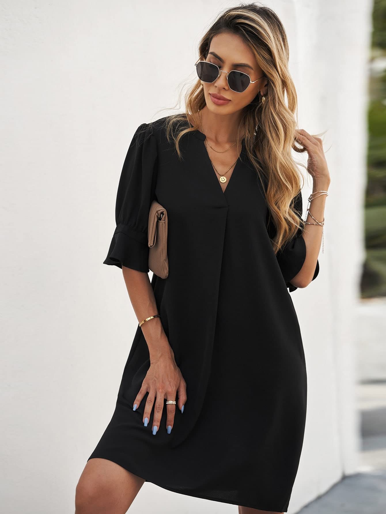 SOLY HUX Women's Notched V Neck Flounce Half Sleeve Casual Short Tunic Dress Black XL