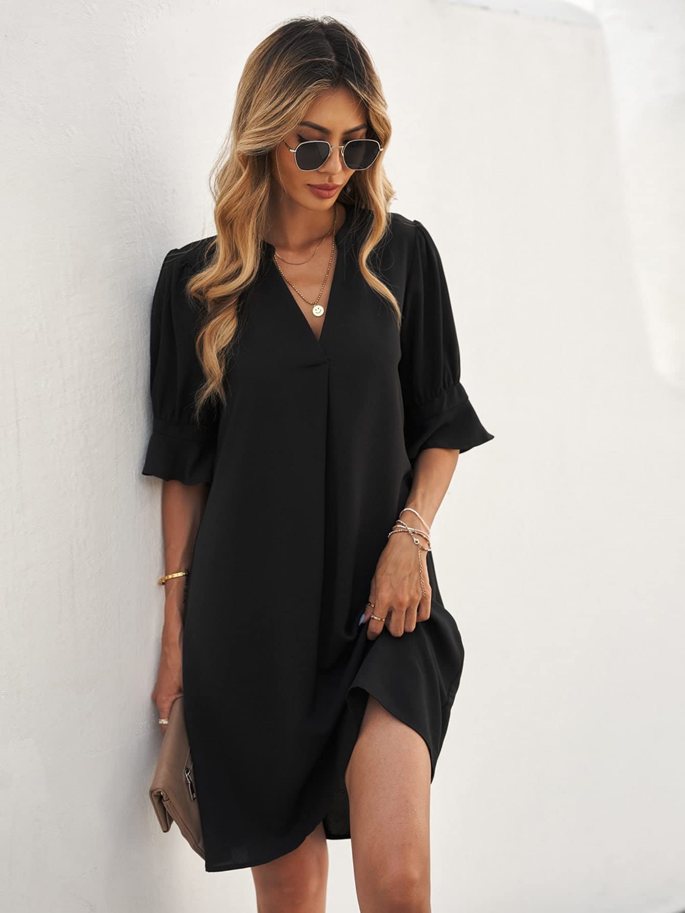 SOLY HUX Women's Notched V Neck Flounce Half Sleeve Casual Short Tunic Dress Black XL