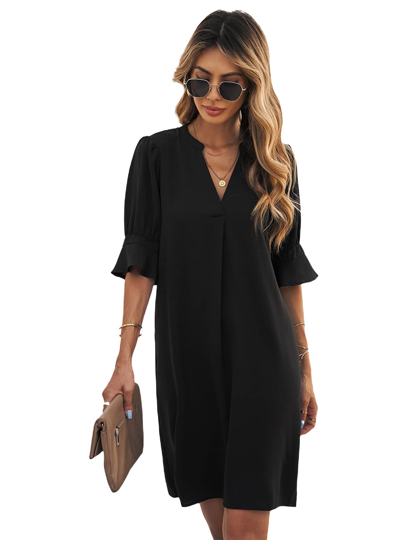 SOLY HUX Women's Notched V Neck Flounce Half Sleeve Casual Short Tunic Dress Black XL