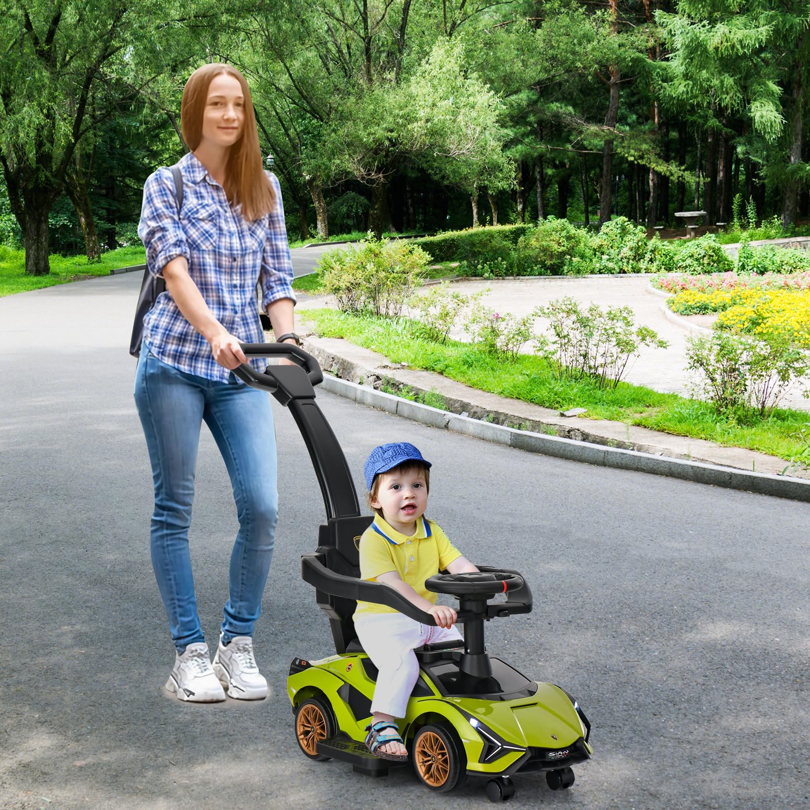OLAKIDS 3 in 1 Ride on Push Car, Licensed Lamborghini SIAN Baby Sliding with Parent Control Handle Universal Wheels Guardrails, Toddlers Walking Toy with Music, Under Seat Storage (Green)