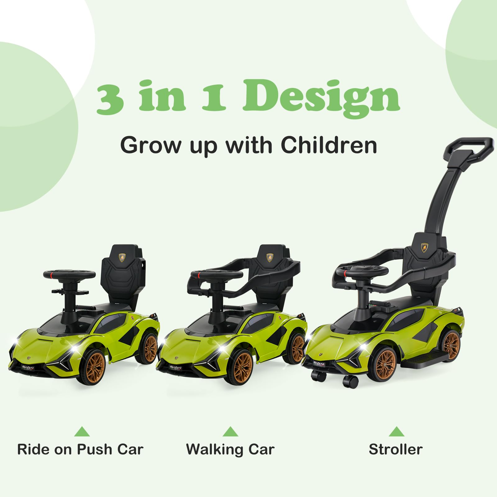 OLAKIDS 3 in 1 Ride on Push Car, Licensed Lamborghini SIAN Baby Sliding with Parent Control Handle Universal Wheels Guardrails, Toddlers Walking Toy with Music, Under Seat Storage (Green)