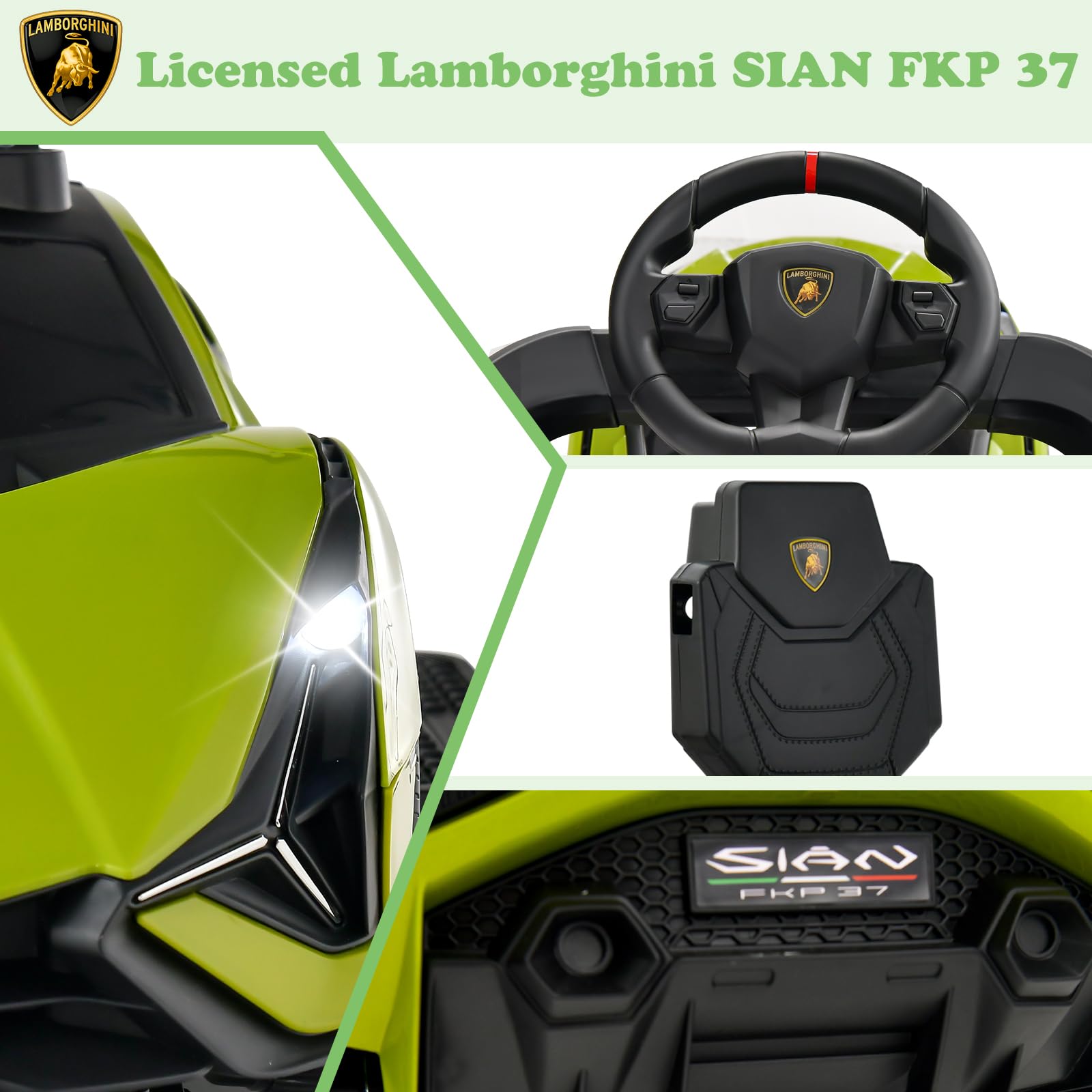 OLAKIDS 3 in 1 Ride on Push Car, Licensed Lamborghini SIAN Baby Sliding with Parent Control Handle Universal Wheels Guardrails, Toddlers Walking Toy with Music, Under Seat Storage (Green)
