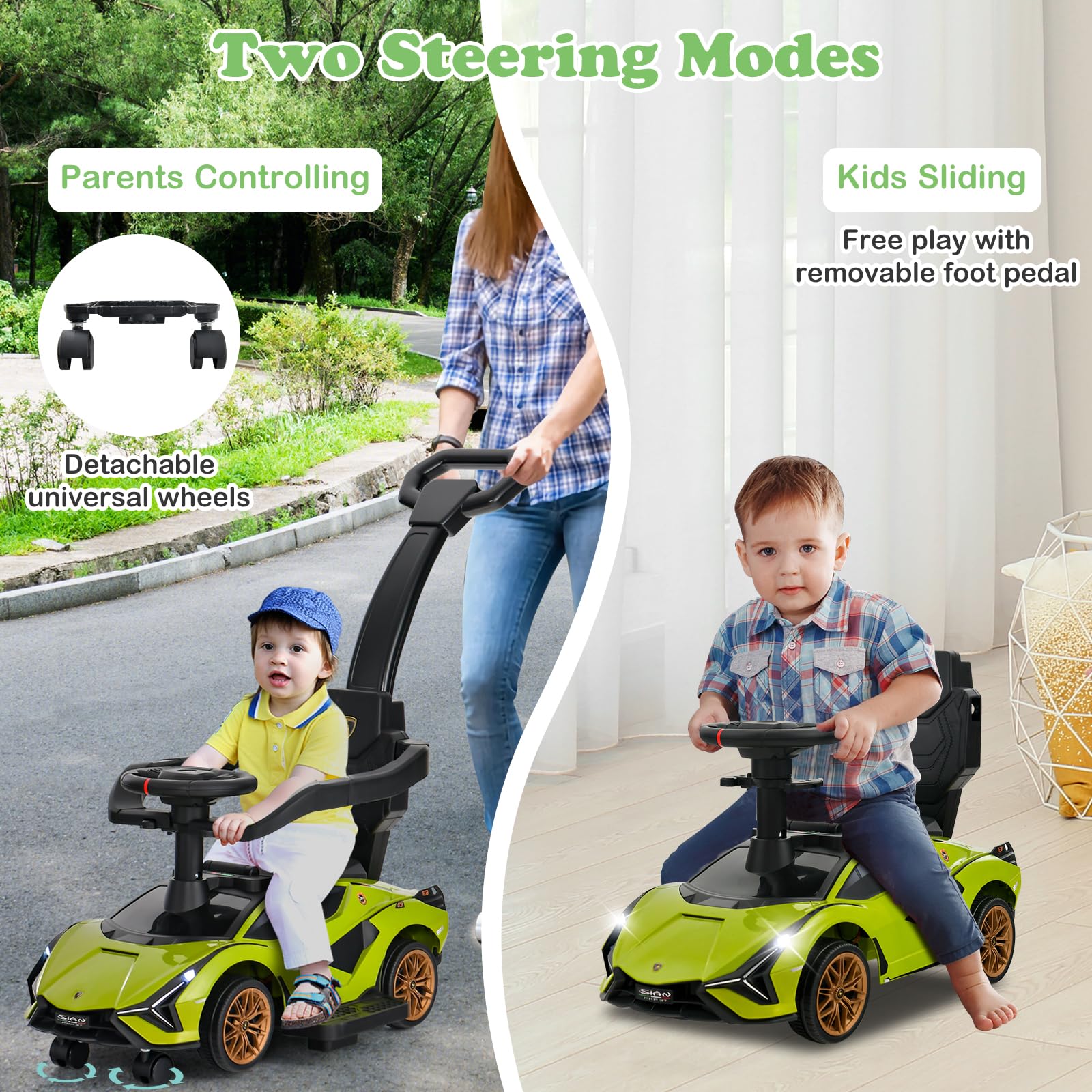 OLAKIDS 3 in 1 Ride on Push Car, Licensed Lamborghini SIAN Baby Sliding with Parent Control Handle Universal Wheels Guardrails, Toddlers Walking Toy with Music, Under Seat Storage (Green)