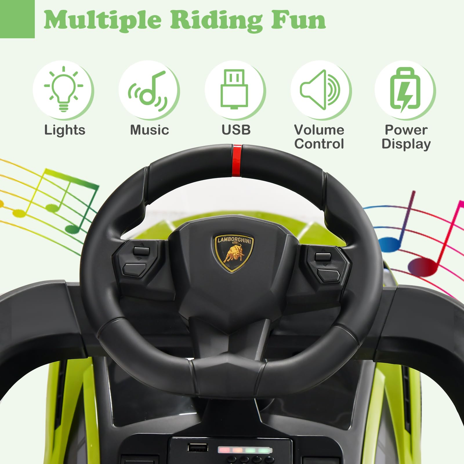 OLAKIDS 3 in 1 Ride on Push Car, Licensed Lamborghini SIAN Baby Sliding with Parent Control Handle Universal Wheels Guardrails, Toddlers Walking Toy with Music, Under Seat Storage (Green)