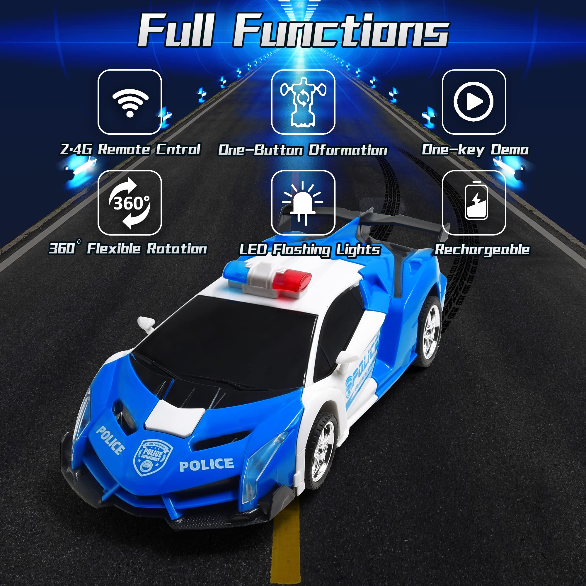 Zosam Remote Control Car, Deformation Robot Police Car, One Button Deformation & 360 Speed Drifting, Toy for 4-13 Yrs Old Kid RC Vehicle,Best for Boys (Police White)