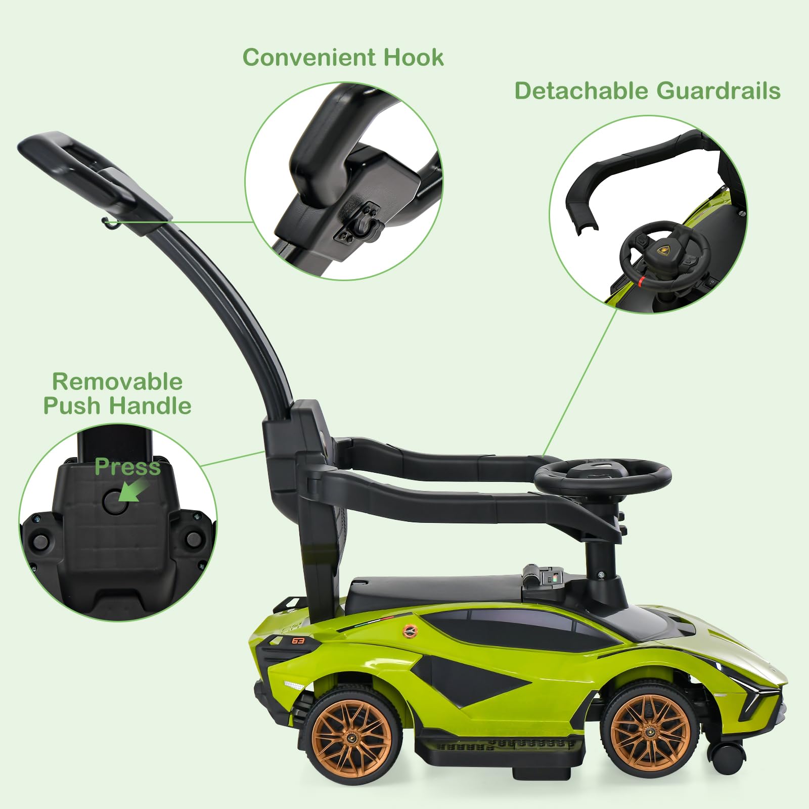 OLAKIDS 3 in 1 Ride on Push Car, Licensed Lamborghini SIAN Baby Sliding with Parent Control Handle Universal Wheels Guardrails, Toddlers Walking Toy with Music, Under Seat Storage (Green)