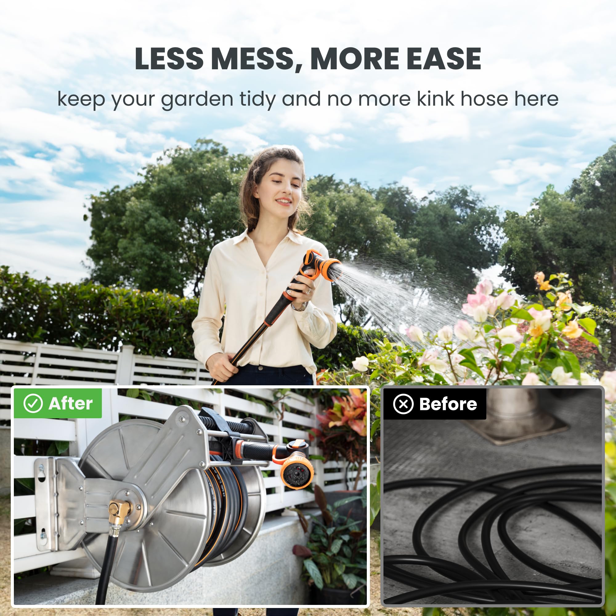 Giraffe Tools Stainless Steel Garden Hose Reel with 5/8" x 100 ft Heavy Duty Hose, Wall/Floor Mounted Metal Water Hose Reel with Crank Handle
