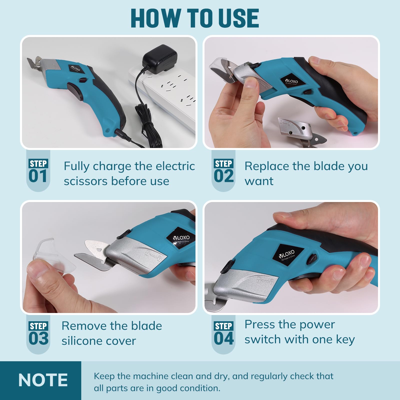 VLOXO Cordless Electric Scissors with 2 Blades Rechargeable Powerful Shears Cutting Tool for Fabric Cardboard Carpet Leather Felt with Charger