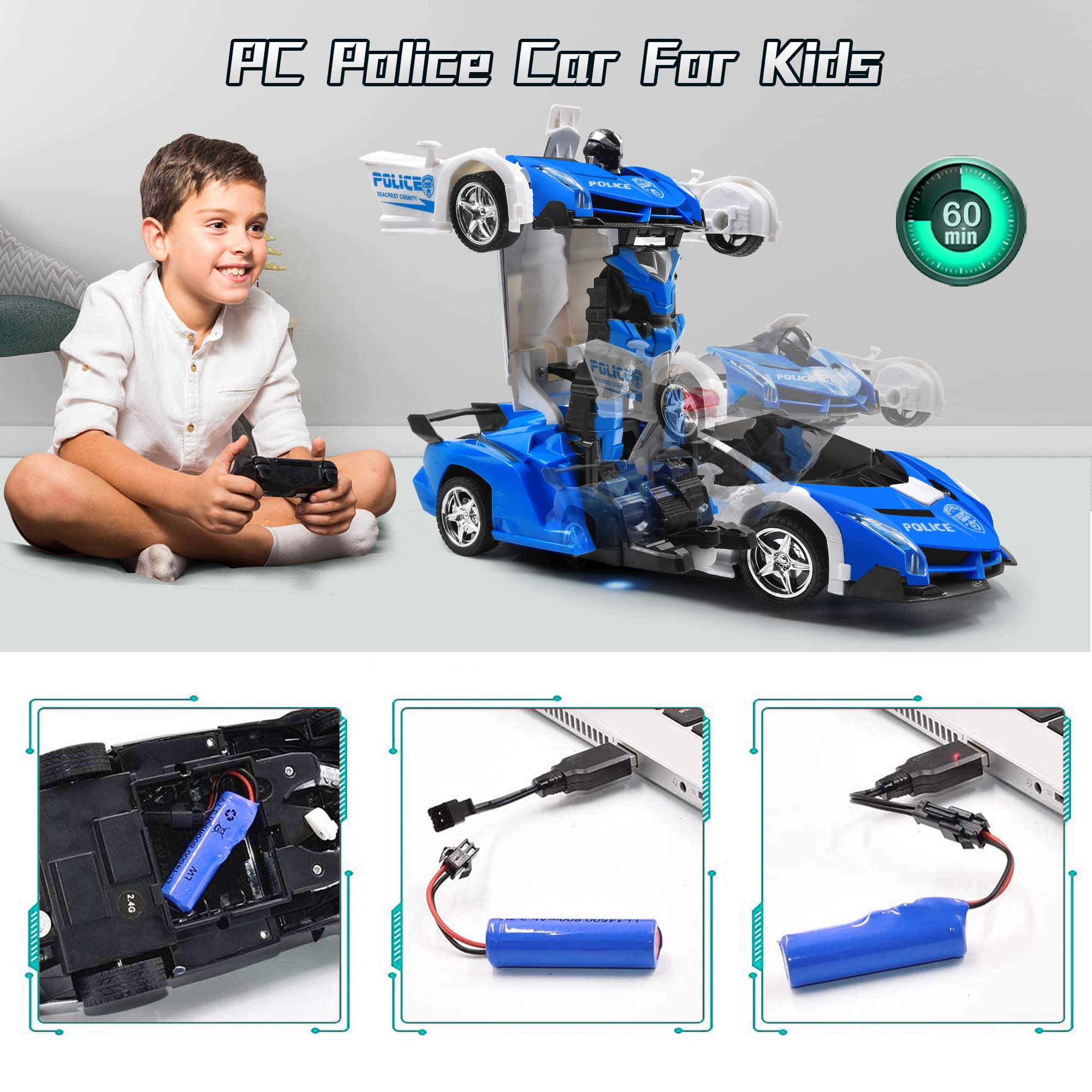 Zosam Remote Control Car, Deformation Robot Police Car, One Button Deformation & 360 Speed Drifting, Toy for 4-13 Yrs Old Kid RC Vehicle,Best for Boys (Police White)