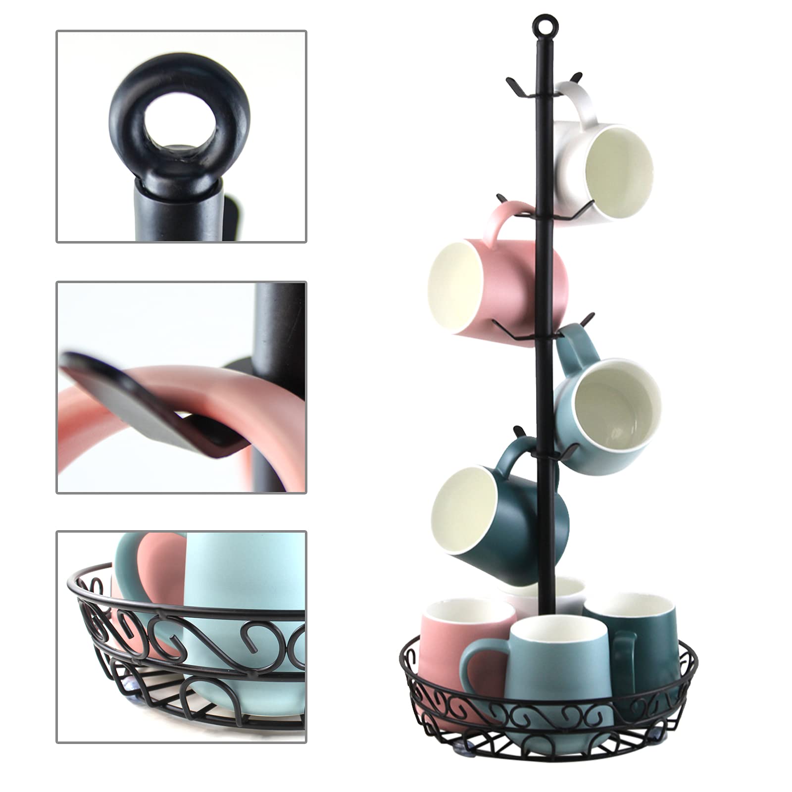 Coffee Mug Holder Stand with 8 Rotatable Hooks, Capsule Storage, Multipurpose Mug Holder, Coffee Station Organizer, Mug Tree for Kitchens, Offices, Parties & More, Black, 10.2(L)x10.2 (W)x24.4(H)inch