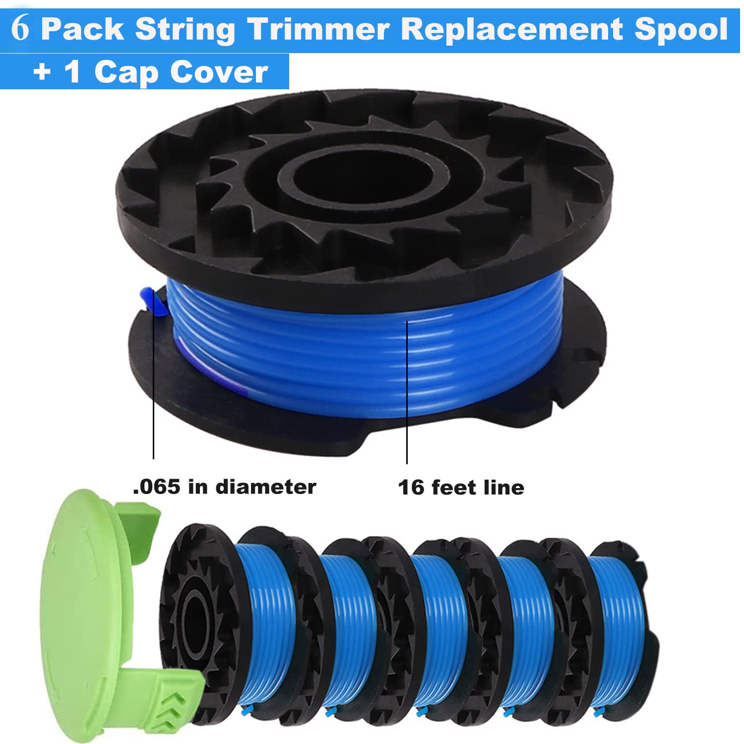 JOYCOLY Weed Eater String Replacement Spool Compatible with Greenworks 21332 21342 24V 40V 80V Cordless String Trimmer, 0.065 Inch Single Line Auto-Feed Spool, Model 29252 (6 Spool, 1 Cap) Blue