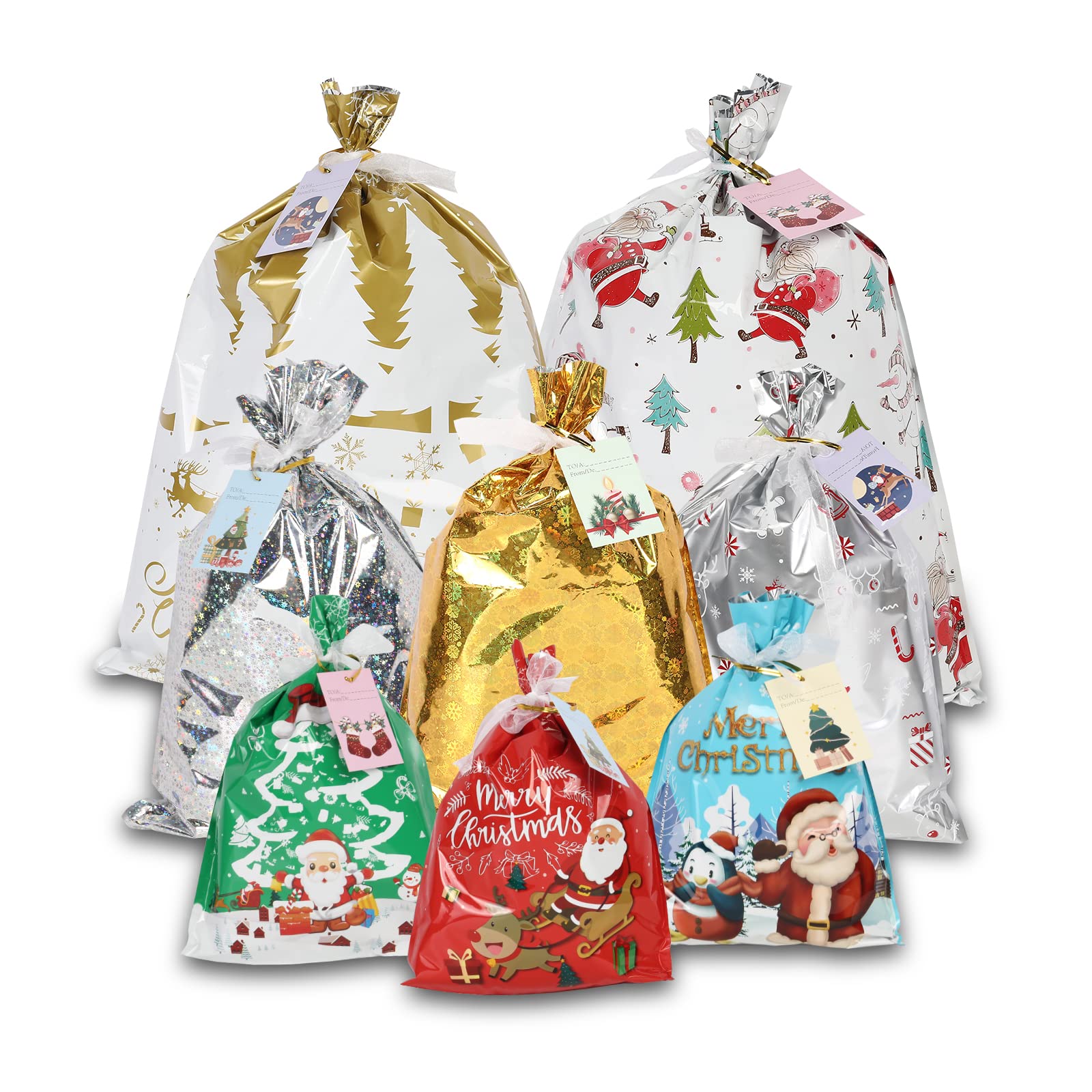 Hasoar Christmas Gift Bags, 22pcs Assorted Christmas Gift Wrapping Bags Christmas Goodie Bags for Christmas Party with Inserted 22 ropes and 30pcs Tags