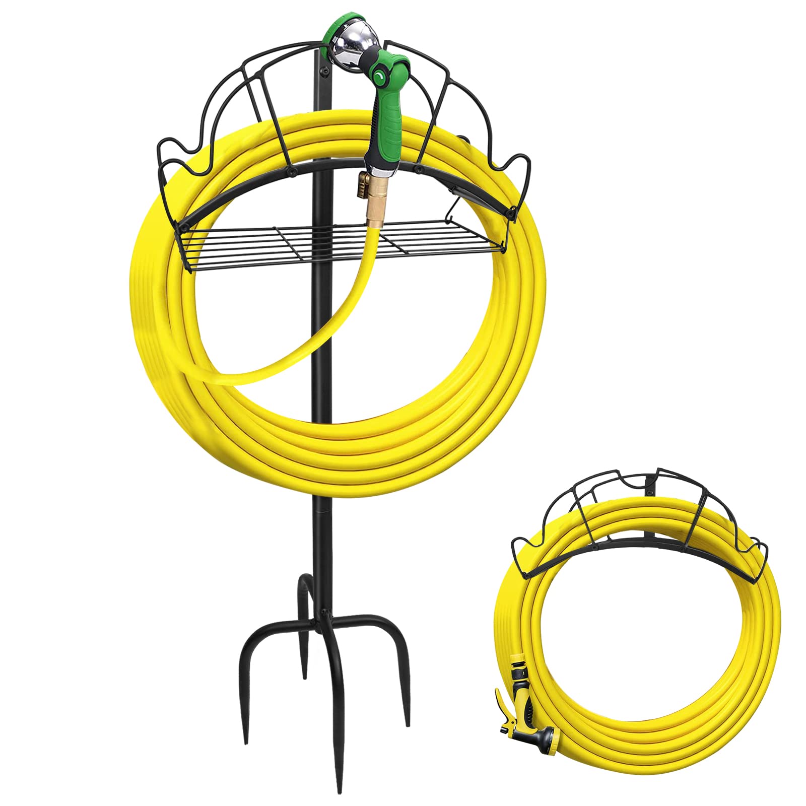 AUHOKY Freestanding Garden Hose Holder 4 Spiky Feet, Heavy Duty Deatachable Outdoor Garden Hose Holder Stand with Tools Storage Basket, Decorative Water Pipe Reel Organizer for Yard Lawn Patio (Iron)