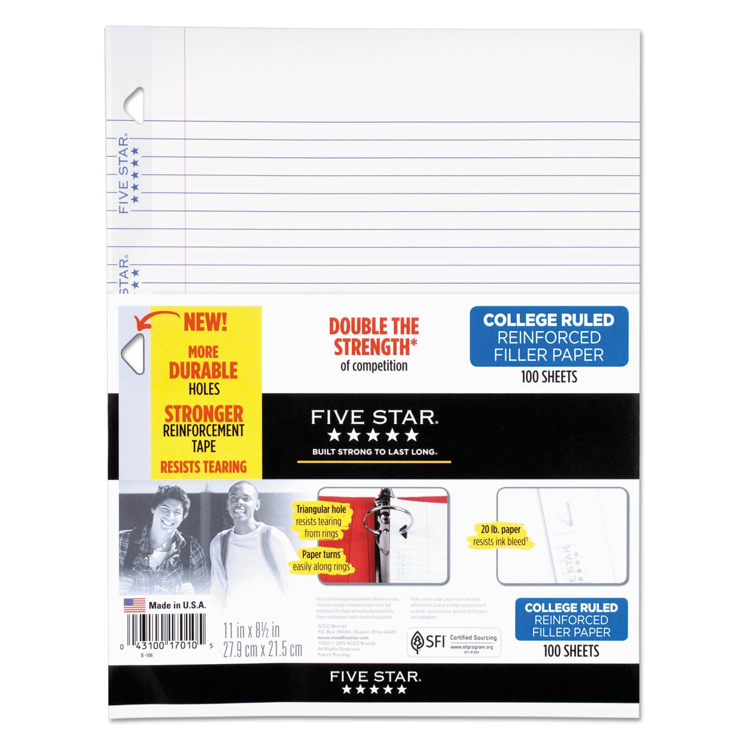 Five Star Loose Leaf Paper + Study App, 1 Pack, 3 Hole Punched, Reinforced Filler Paper, College Ruled Paper, 11" x 8-1/2", 100 Sheets/Pack (17010)