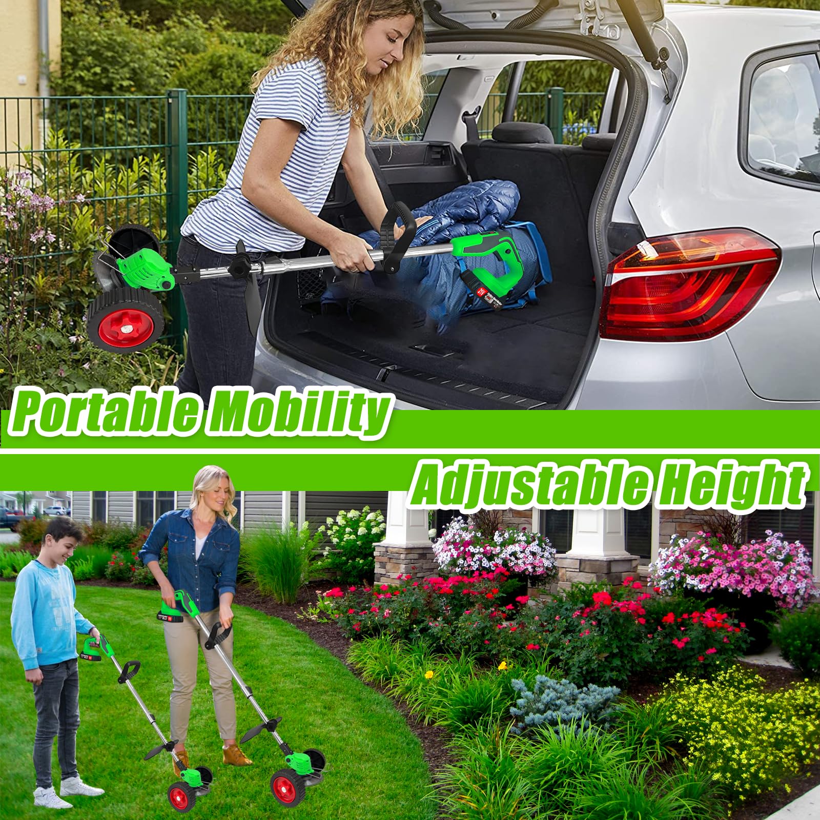 Weed Wacker Battery Operated, Electric Weed Eater Cordless Weed Trimmer Battery Powered 21V 2Ah,Lightweight Grass Trimmer/Lawn Edger/Mower/Brush Cutter, Wheeled No String Lawn Trimmer for Garden Yard