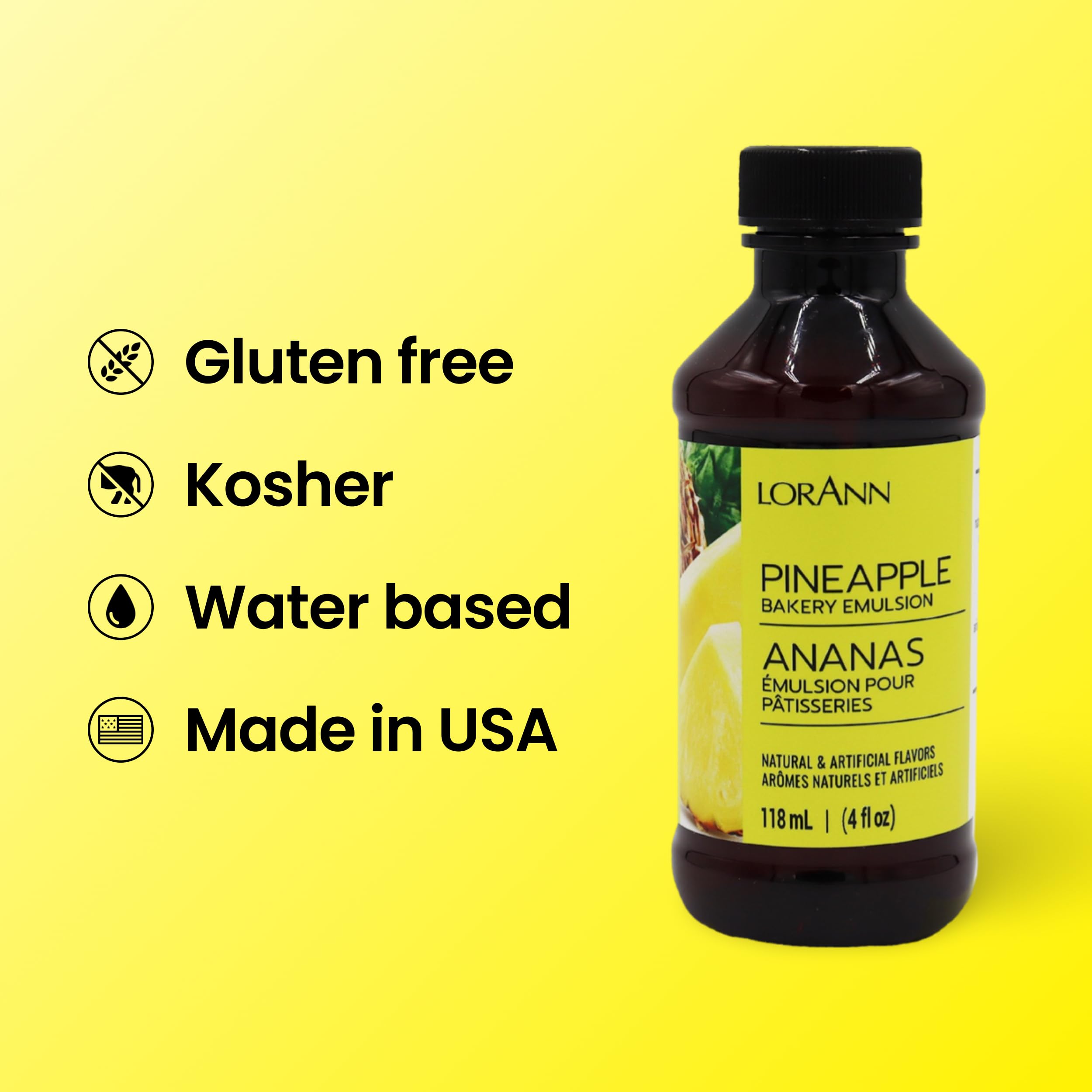LorAnn Pineapple Bakery Emulsion, 4 oz - Intense Pineapple Flavor Extract for Baking, Cookies, Frosting, Ice Cream, Pineapple Pie, Smoothies and Beverage - Gluten Free, Vegan, Sugar Free, Nut Free