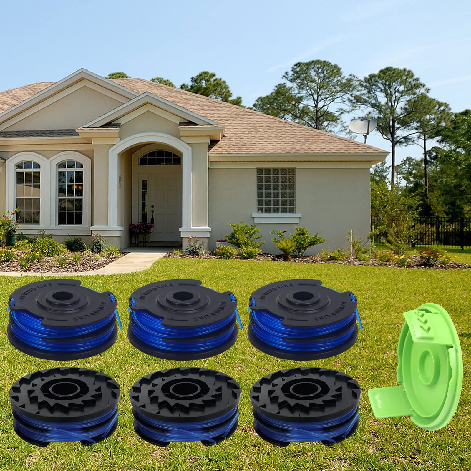 Mifyca 29082 29242 String Trimmer Spool Dual Line Compatible with Green-Works 20V 40V Electric String Trimmers 21212 21272, 27ft 0.065” Dual Line with 3411546A6 Cap Covers (6 Spools+1 Cap)